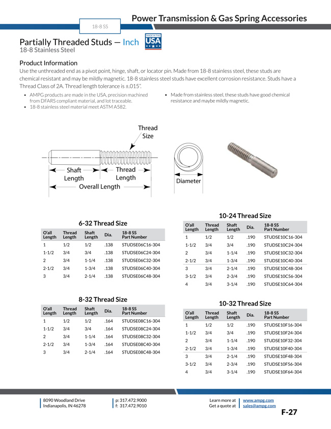 Single End Studs - 304 Stainless Steel, Inch | AMPG | MISUMI