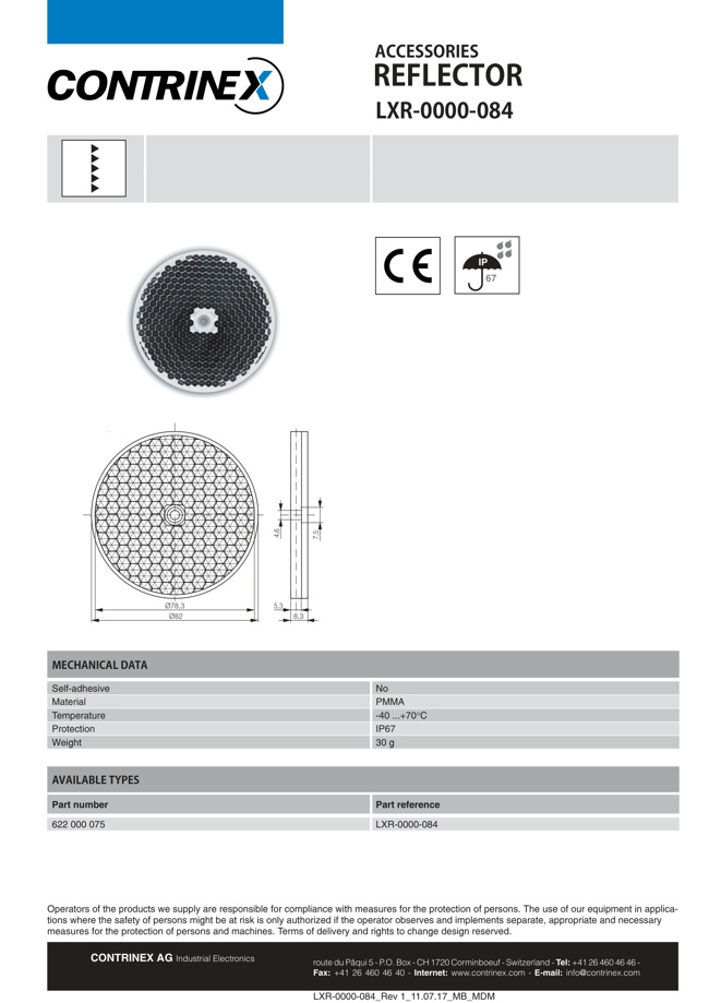 Reflectors - 82 mm Dia., PMMA | CONTRINEX | MISUMI