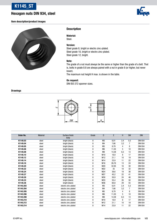 Hex Nuts - DIN 934/DIN EN ISO 4032/DIN EN 24032, Steel, K1145 | Kipp ...