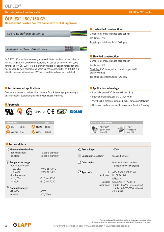 Power Cables - OLFLEX® 150 Series | LAPP | MISUMI